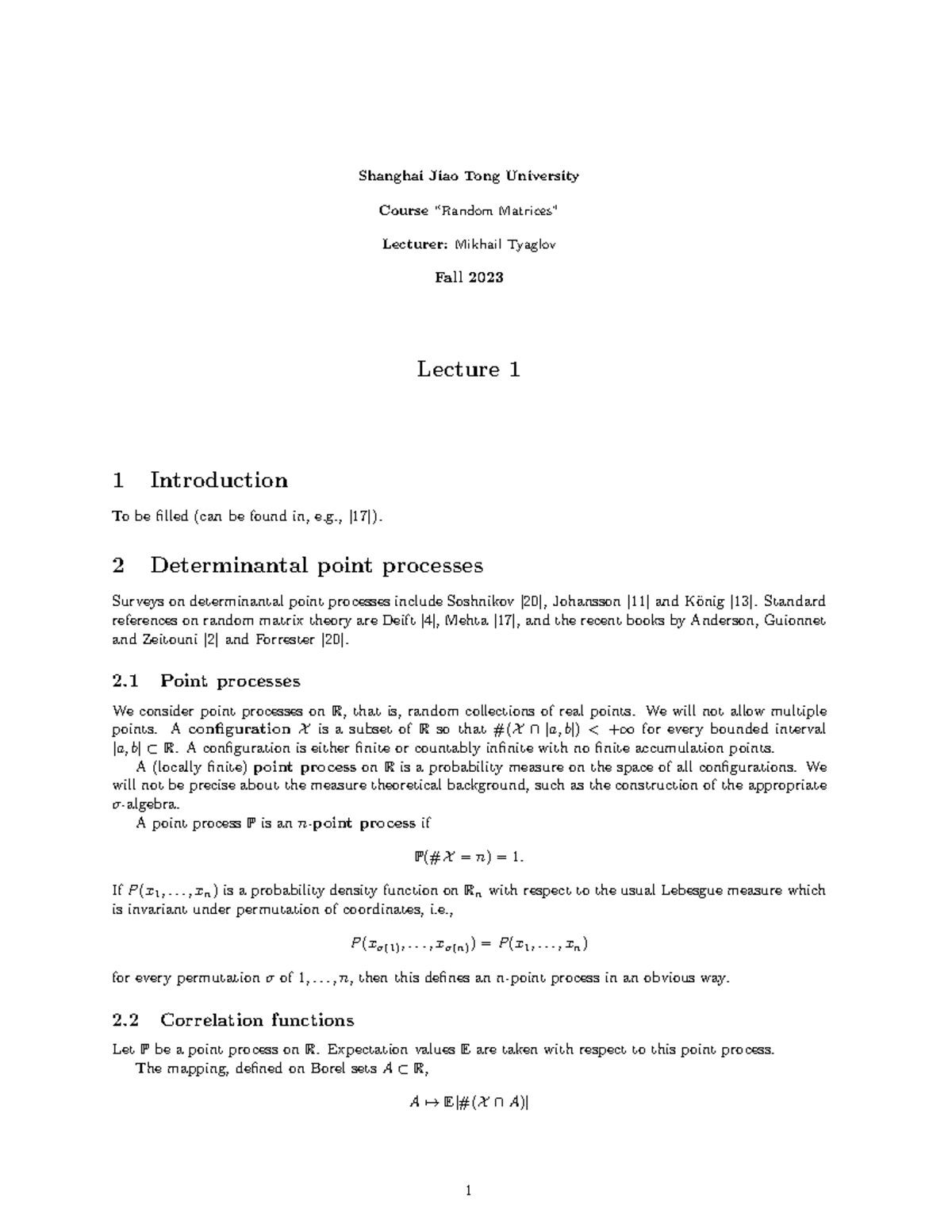 Random Matrices Shanghai Jiao Tong University Course Random Matrices” Lecturer Mikhail