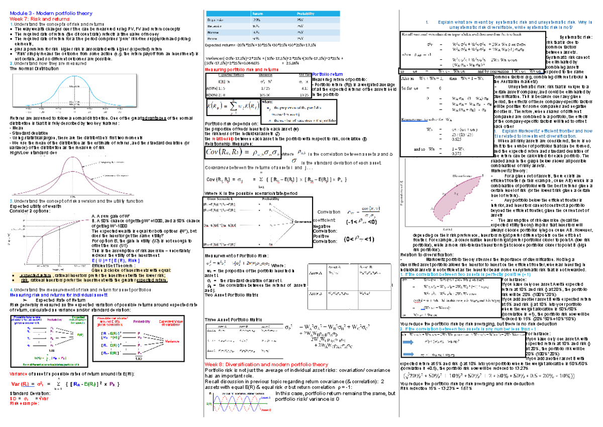 ACFI2070 Cheat Sheet - Module 3 - Modern portfolio theory Week 7: Risk ...