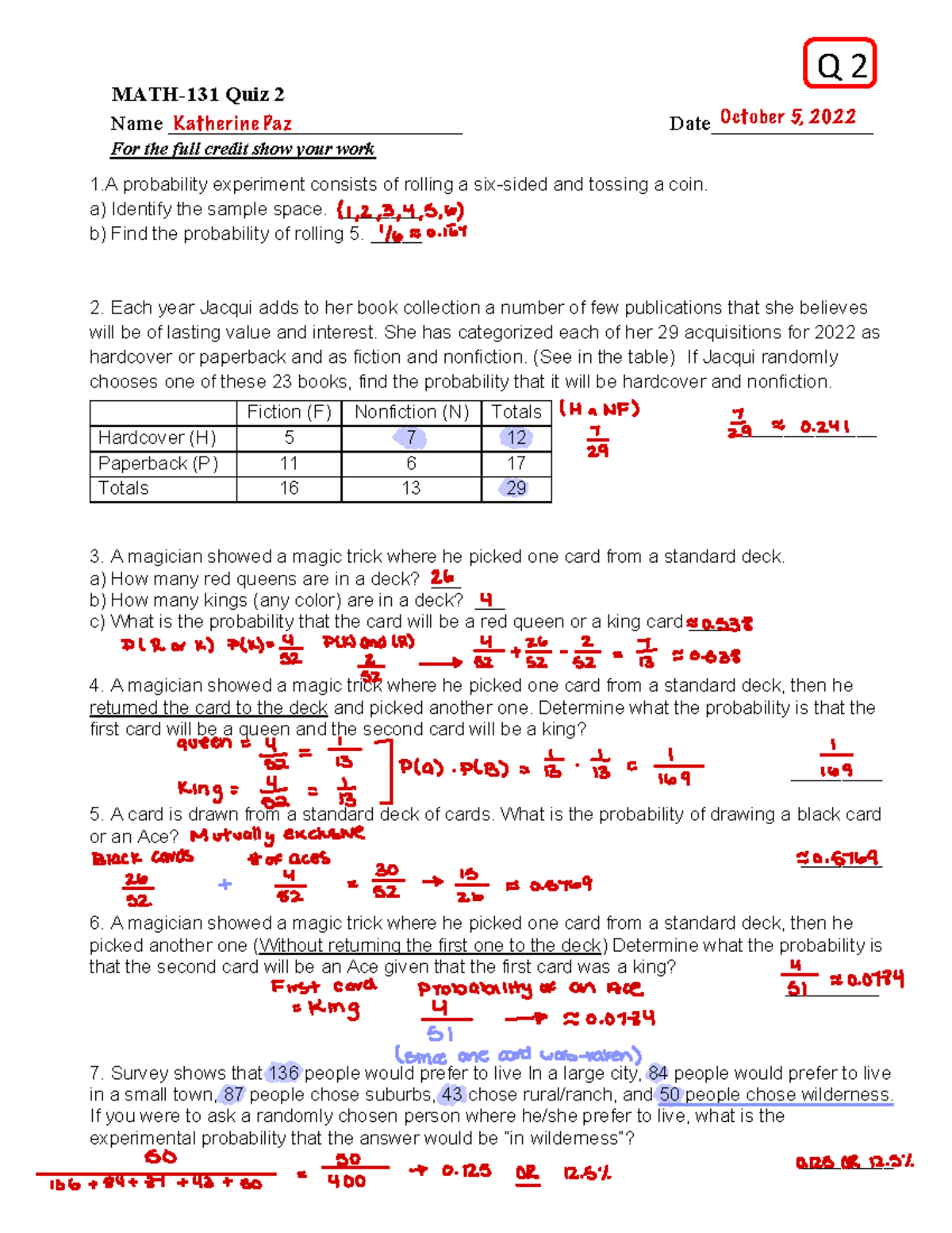 Quiz 1 (exam 2) - Quiz 2 for Exam 2 - MATH-131 Quiz 2 Name ...