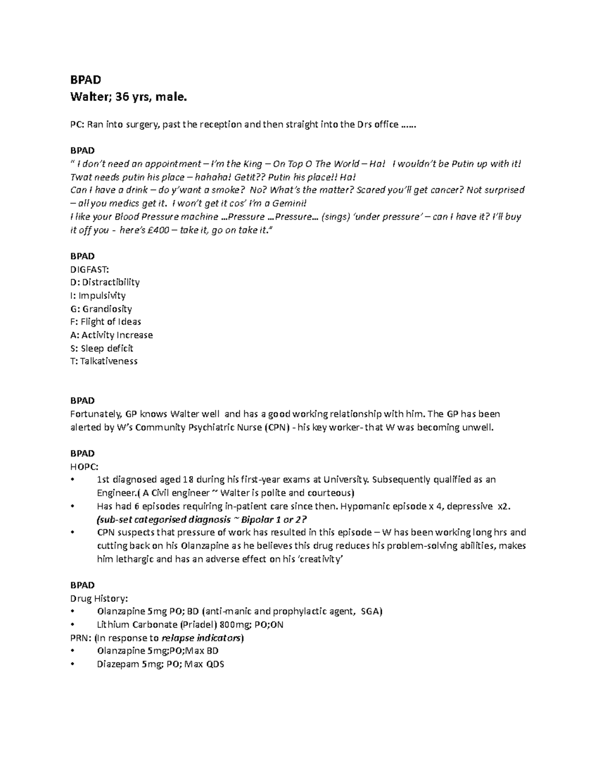 BPAD waler - bipolar disorder clinical notes - BPAD Walter; 36 yrs ...
