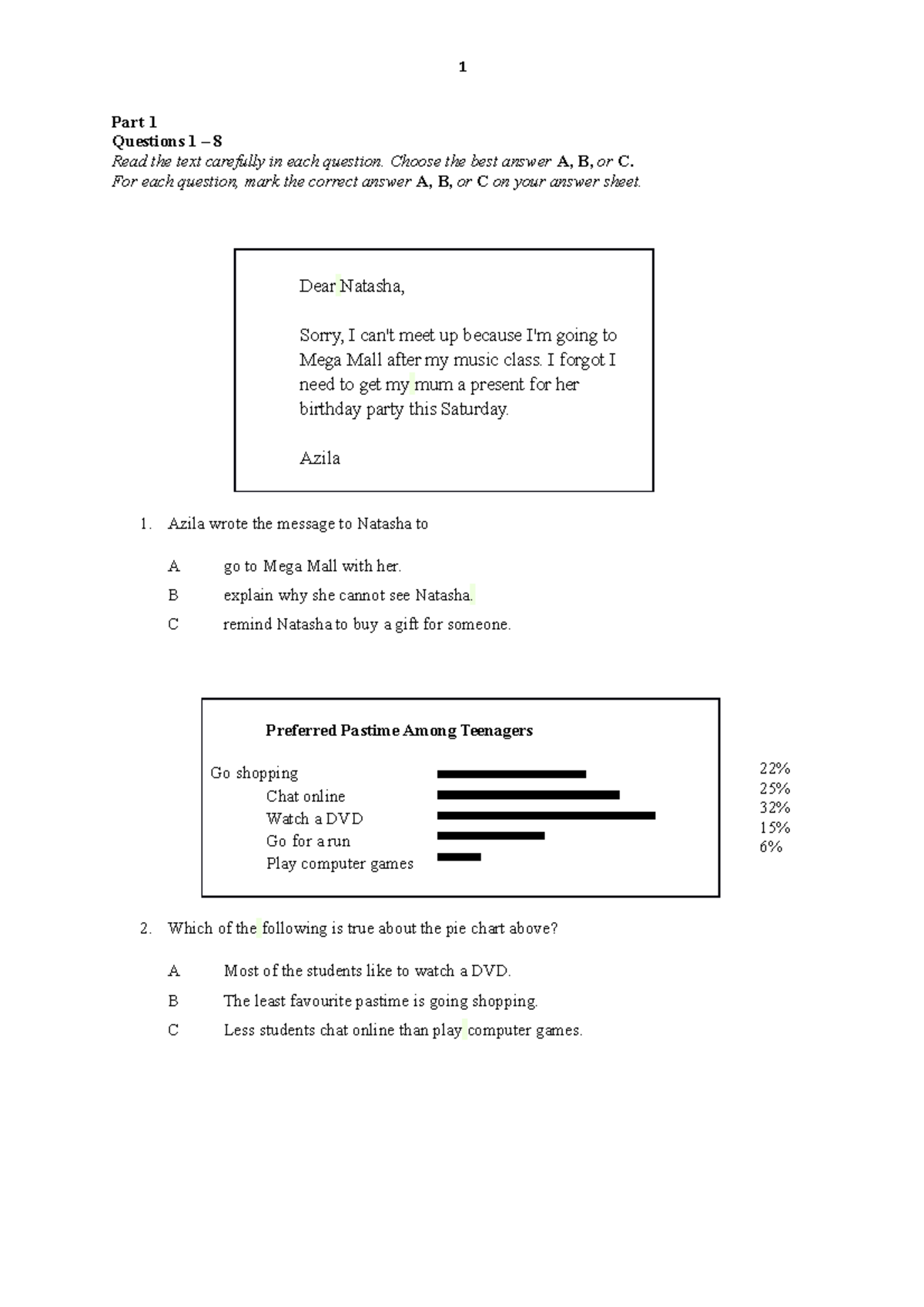 2022 form 1 ST1 sem 2 - English for A2 level - Part 1 Questions 1 – 8 Read the text carefully in ...