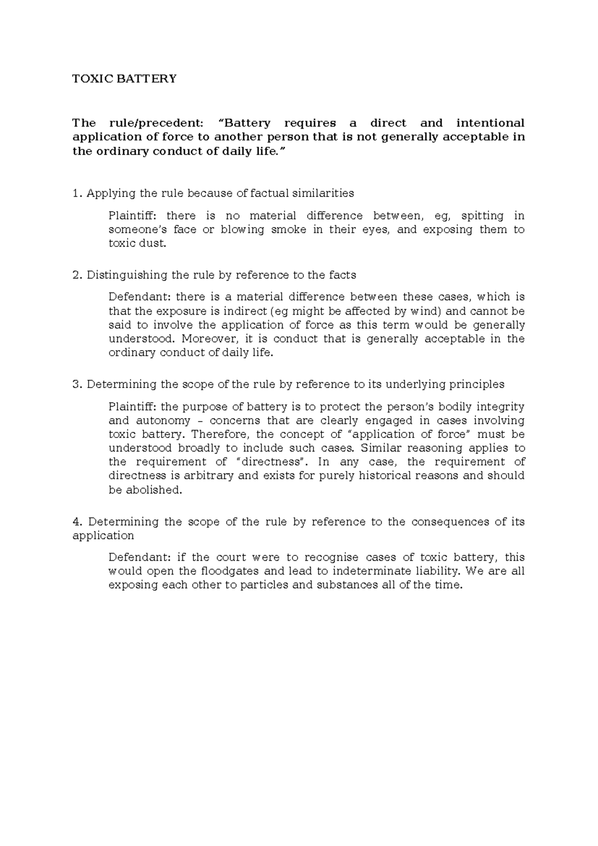 Lecture 2 Example (toxic battery) - TOXIC BATTERY The rule/precedent ...