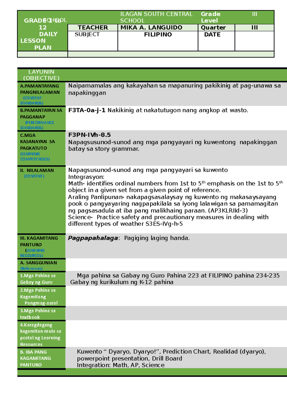 Filipino-COT edited - Lesson Plan sa Sequencing - GRADE 1 to 12 DAILY LESSON PLAN SCHOOL ILAGAN ...