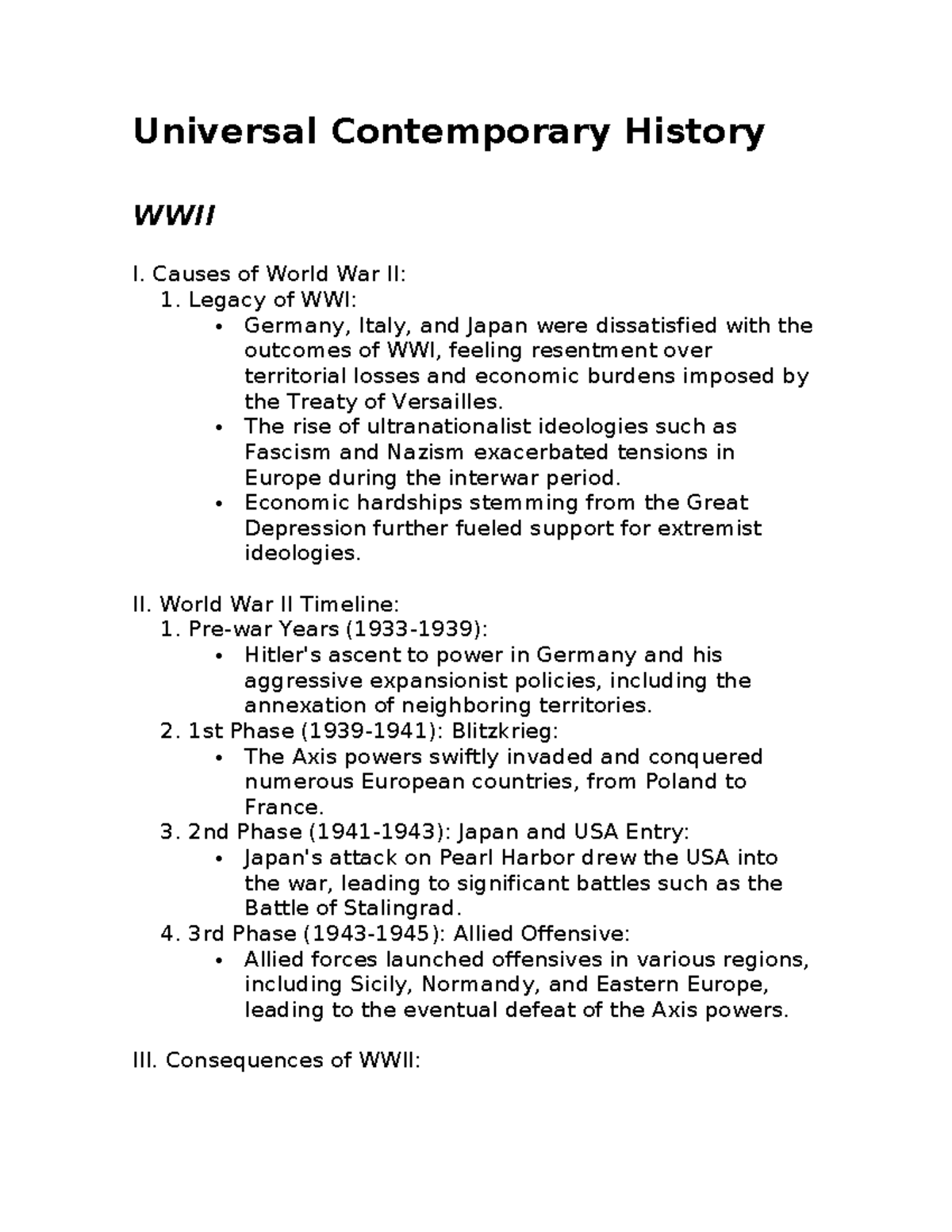 USA Notes - Universal Contemporary History WWII I. Causes of World War ...