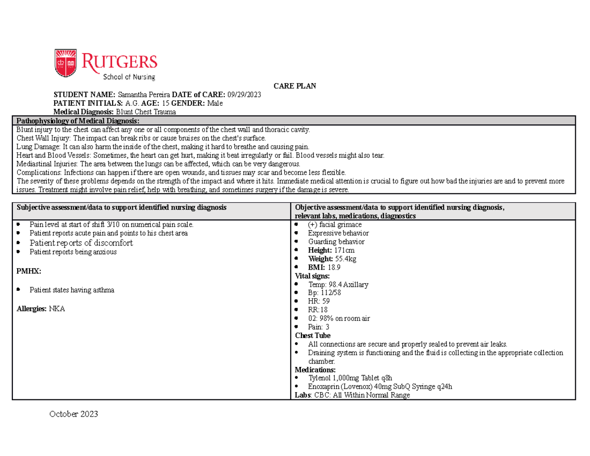 PEDS Care Plan - n/a - CARE PLAN STUDENT NAME: Samantha Pereira DATE of ...