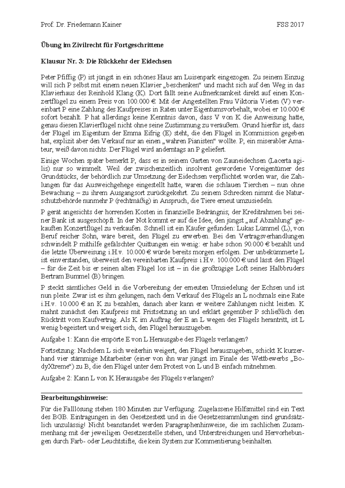 Klausur 1 Juni Summer 2017, Fragen und Antworten - Übung im Zivilrecht für Fortgeschrittene ...