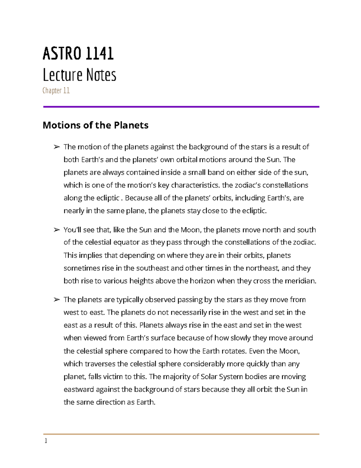 Astro 1141 Chapter 11 - ASTRO 1141 Lecture Nes Chapter 11 Motions of ...