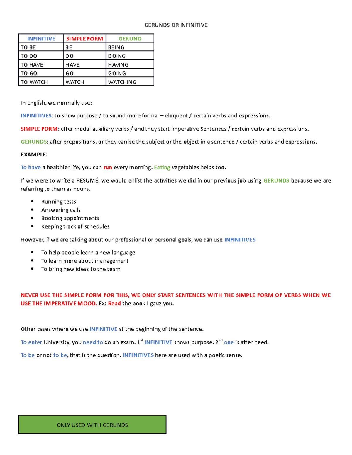 Gerunds OR Infinitive - GERUNDS OR INFINITIVE INFINITIVE SIMPLE FORM ...