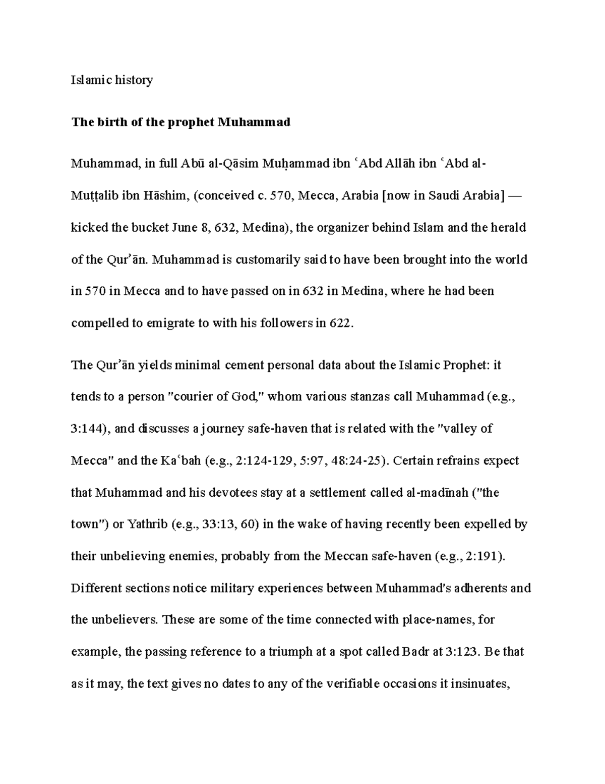 Main course,HIST 2250 Islamic history;The birth of the prophet Muhammad ...
