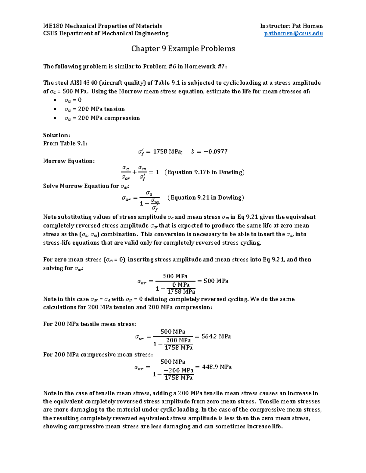 Chapter 9 Example Problems No Color - ME180 Mechanical Properties of Materials Instructor: Pat ...