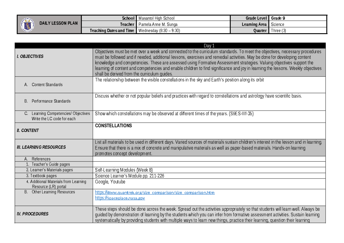 DLL 11-12 - SAMPLE DLL - DAILY LESSON PLAN School Masantol High School ...