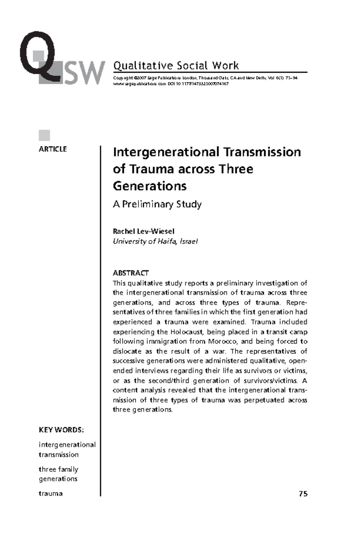 Intergenerational Transmission of Trauma across Three Generations A ...