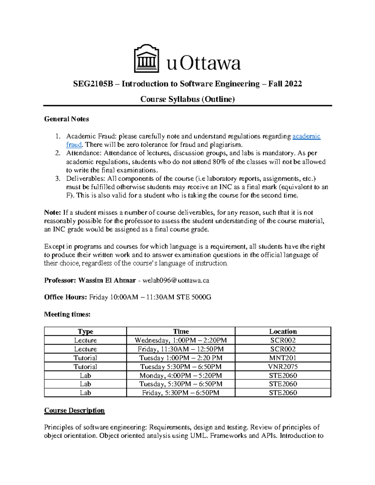 SEG2105 F22 SB Syllabus - SEG2105B – Introduction to Software Engineering – Fall 2022 Course ...