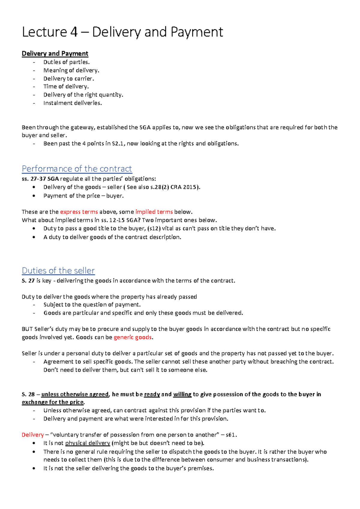 Delivery and Payment Lecture 4 notes - Lecture 4 – Delivery and Payment ...