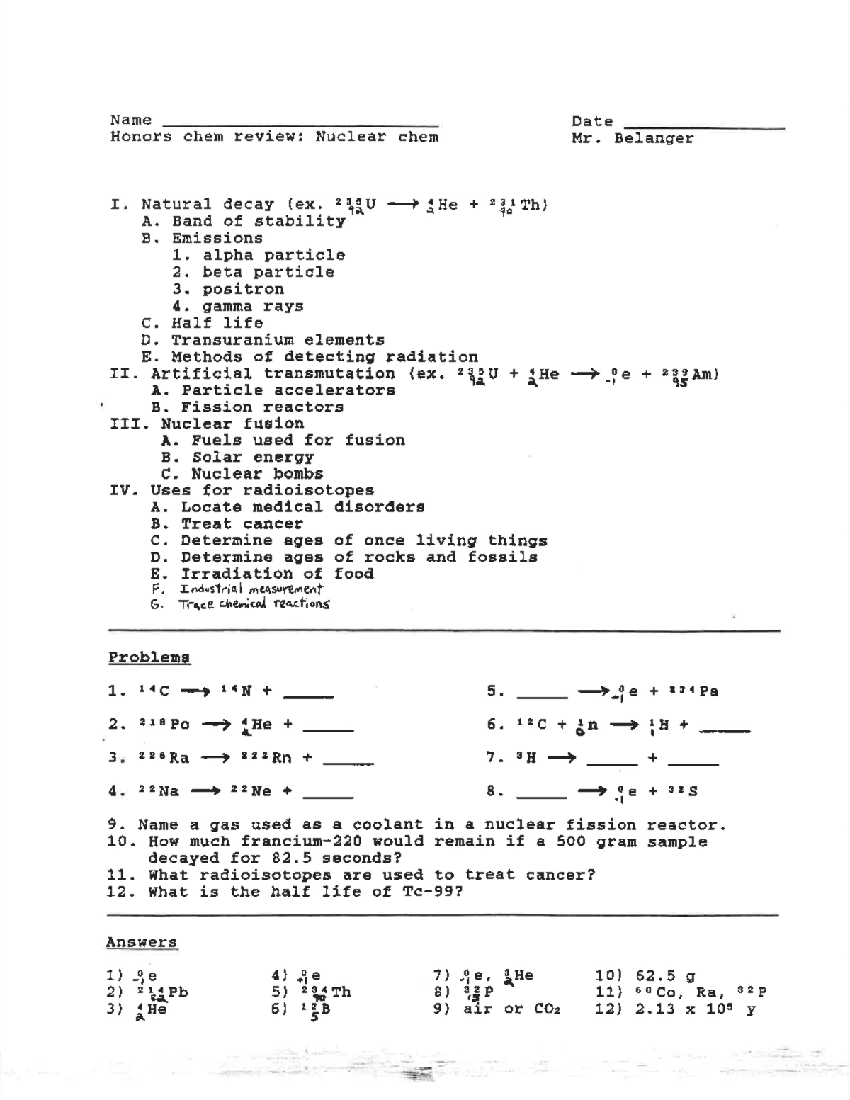 Unit 9 practice test - Nucleur Chemistry - Name Date Honors chem review ...