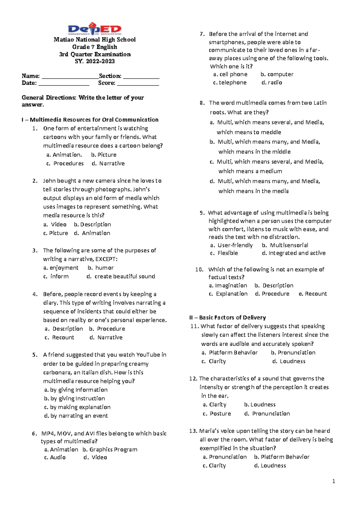 third quarter examination for grade 7 english - Matiao National High ...