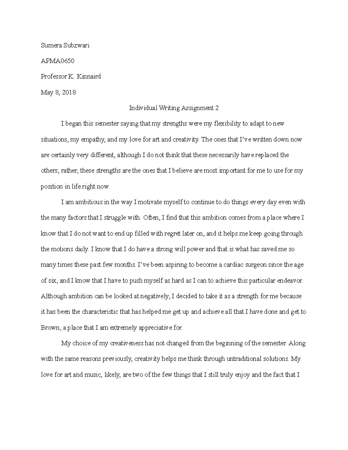 Individual Writing Assignment 2 - Sumera Subzwari APMA Professor K ...