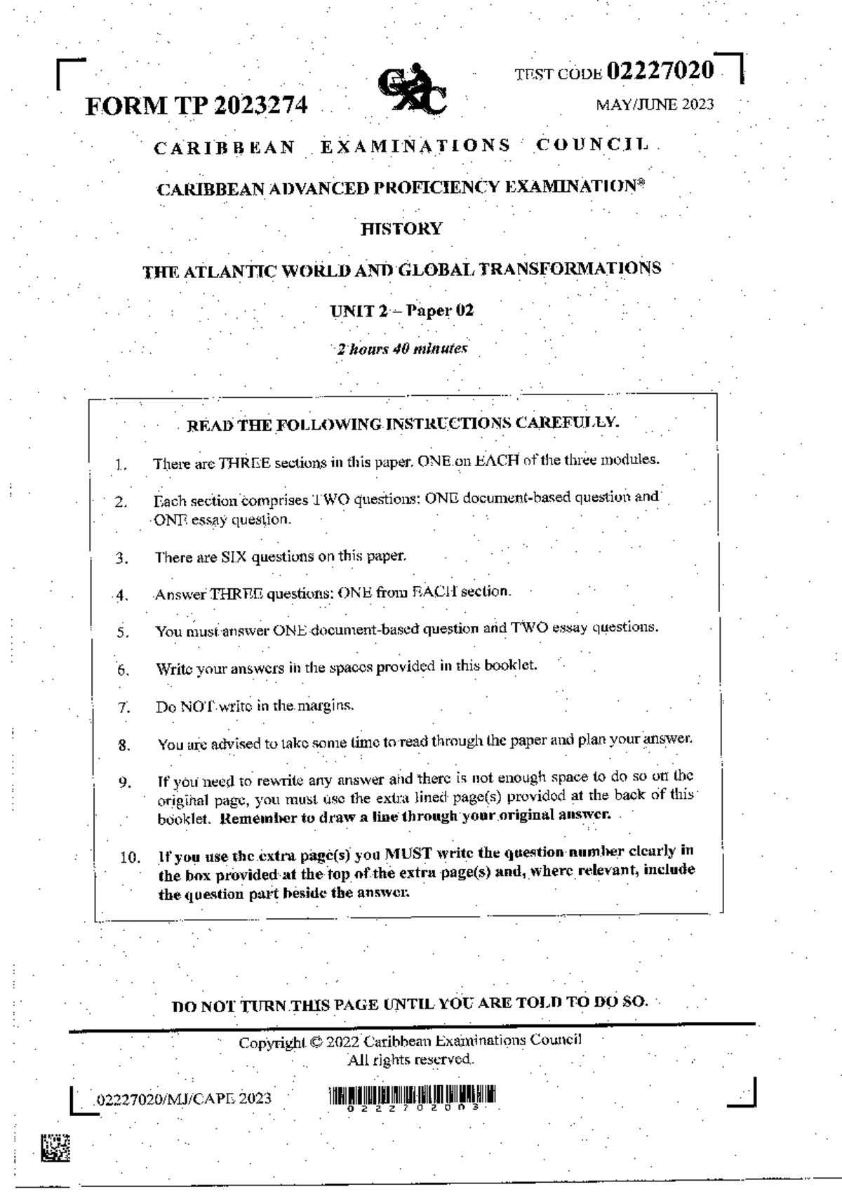 CAPE History 2023 U2 P2 - very helpful - TEST CODE FORM TP 2023274 2023 ...