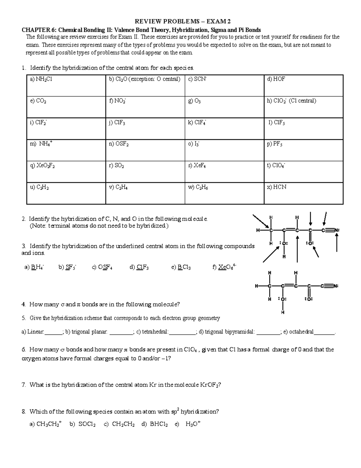 Review Problems Chapter 6 - REVIEW PROBLEMS – EXAM 2 CHAPTER 6: Chemical Bonding II: Valence ...