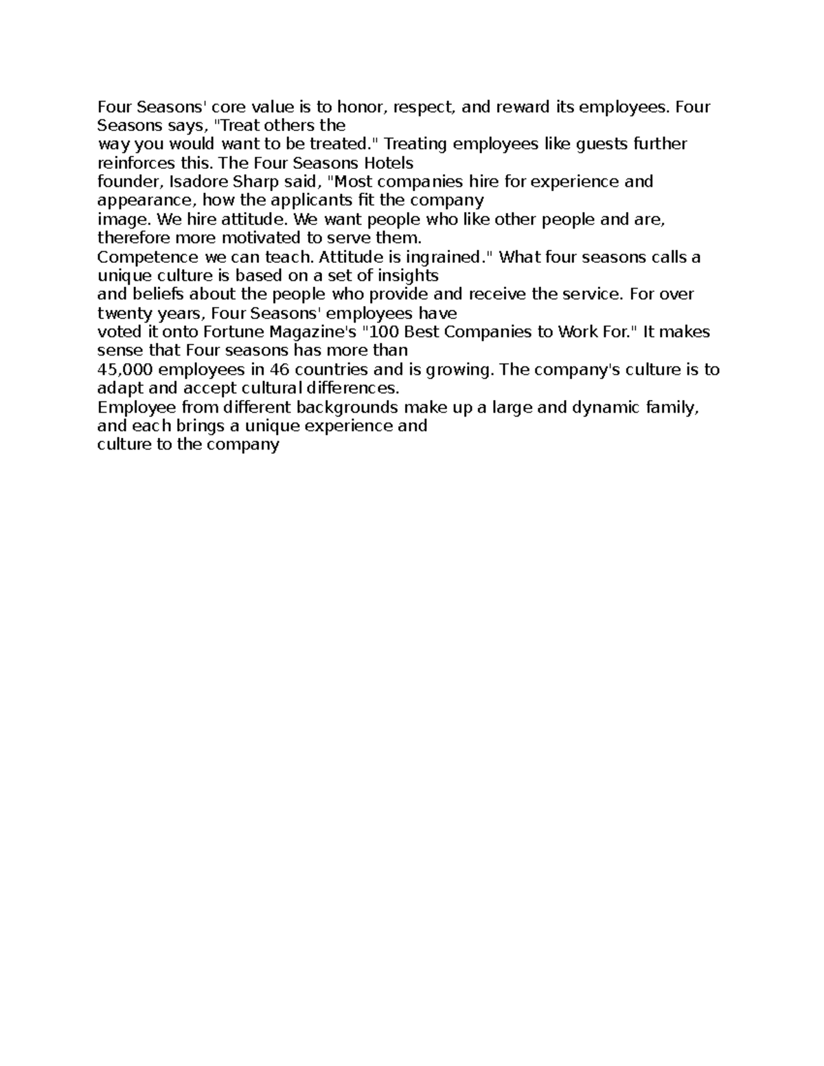 Four season values - Document - Four Seasons' core value is to honor ...
