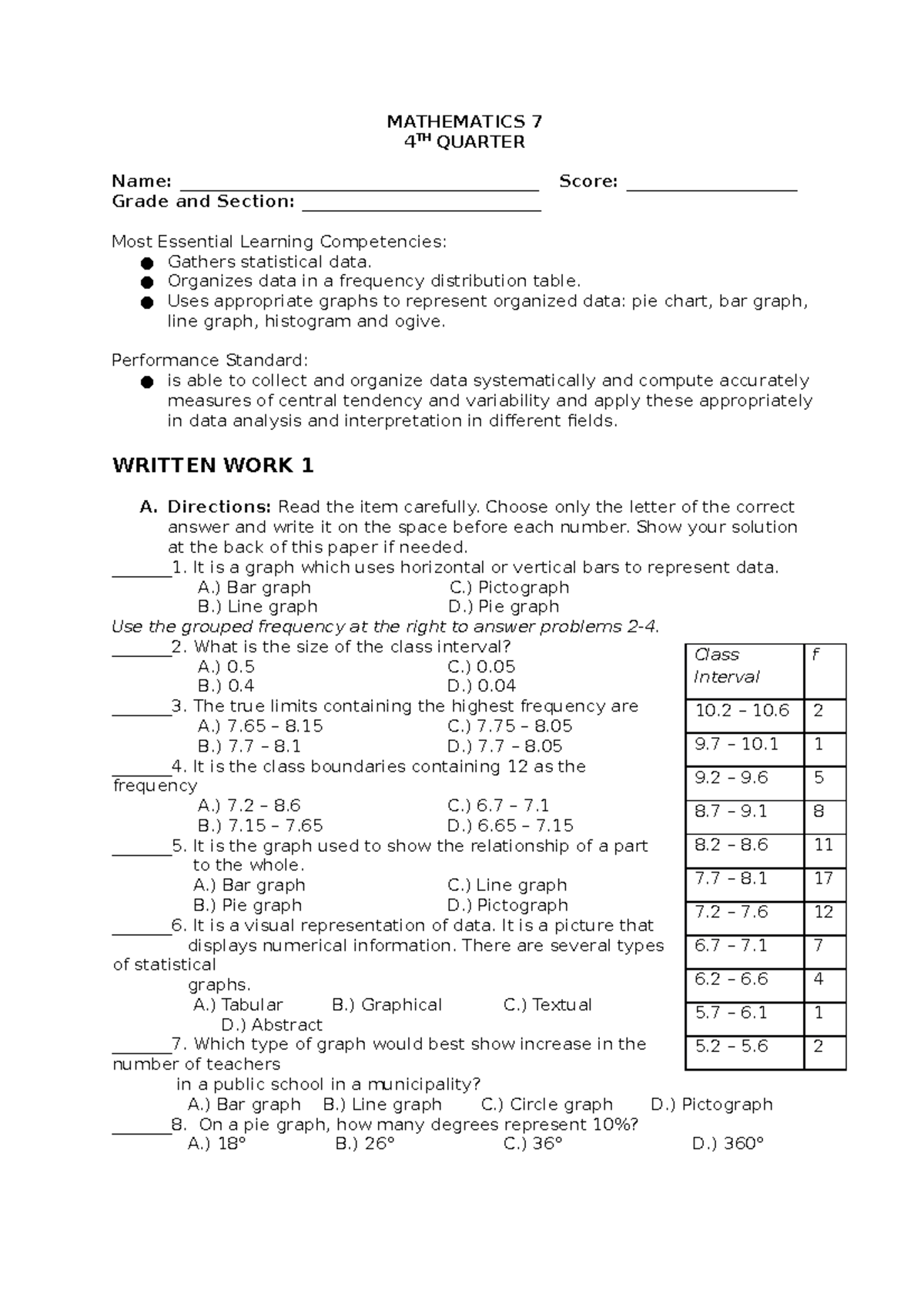 MATH 4TH Quarter WW AND PT - MATHEMATICS 7 4 TH QUARTER Name: - Studocu