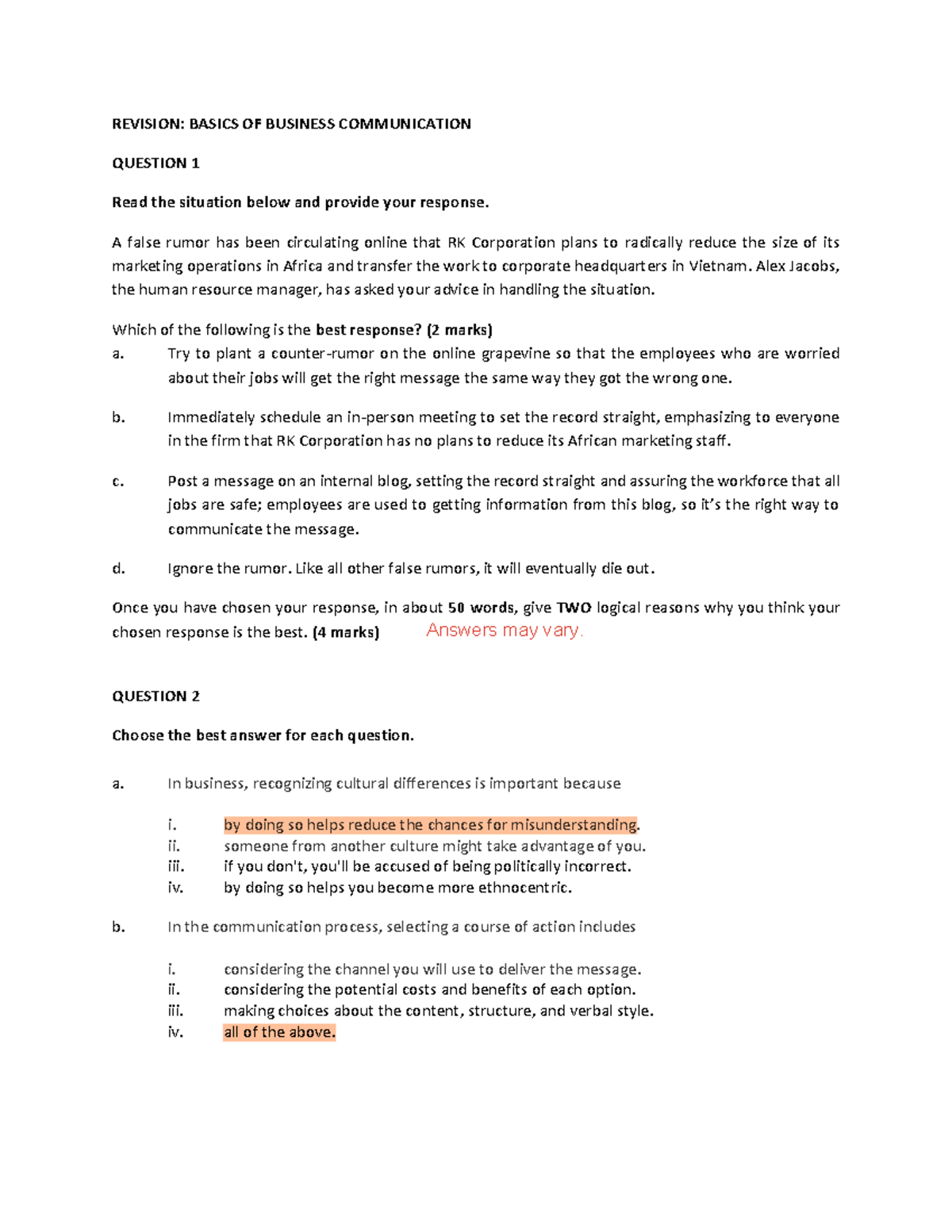 Revision - Basics of Business Communication - Answer KEY - REVISION ...