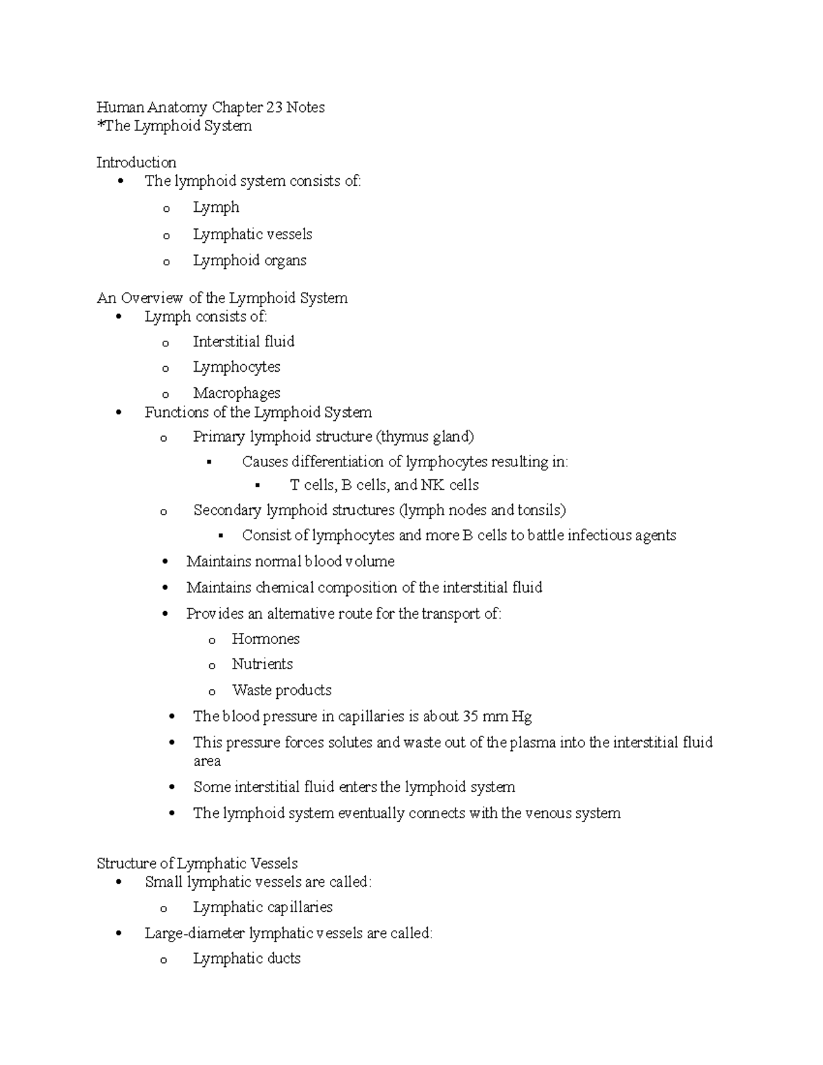 HCS212 Chapter 23 Notes - Human Anatomy Chapter 23 Notes *The Lymphoid ...