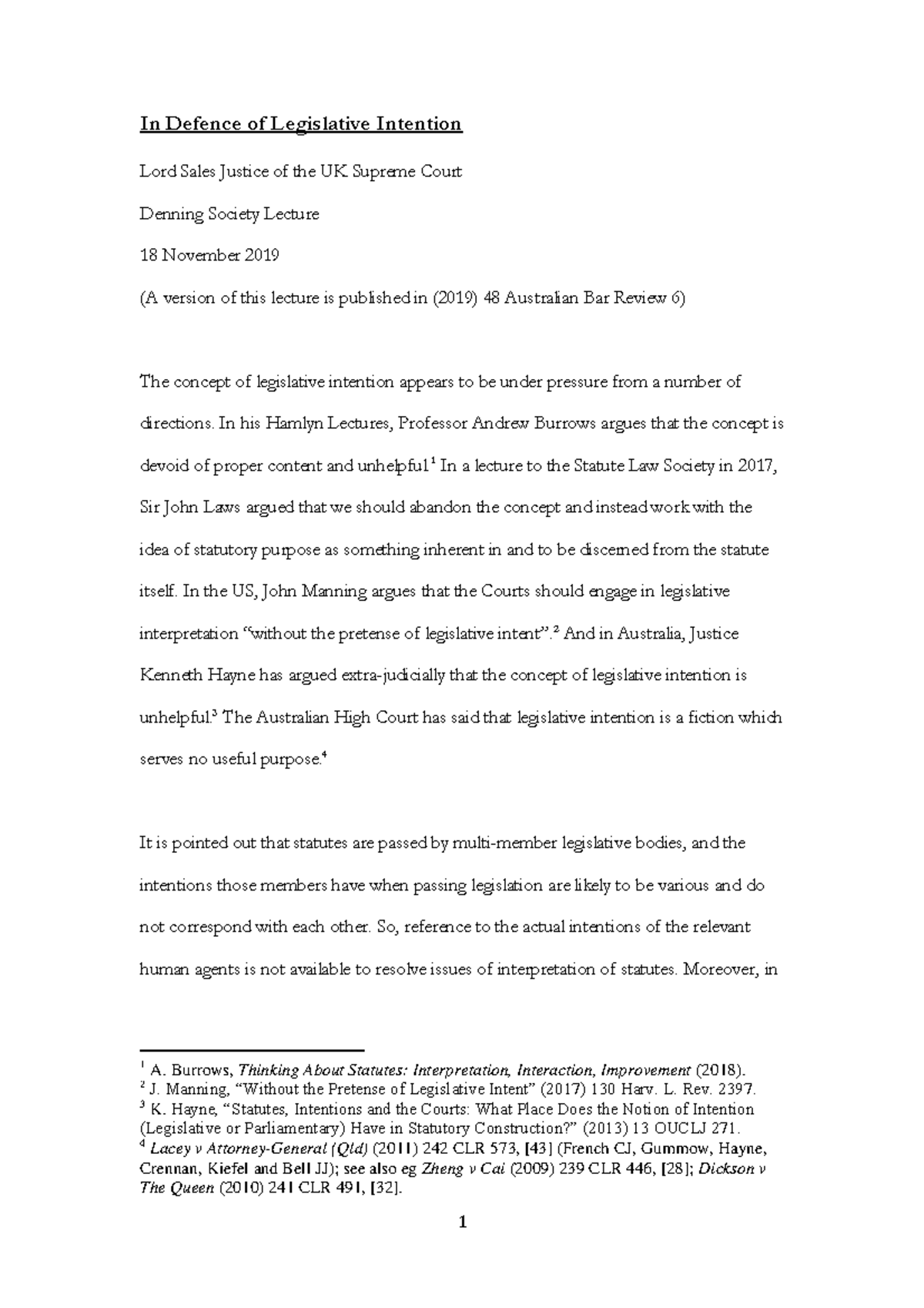 In Defence of Legislative Intention - In his Hamlyn Lectures, Professor ...