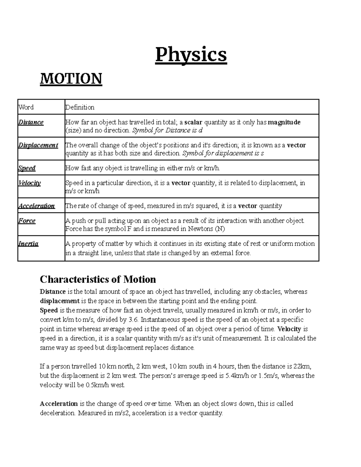 Year 10 Science Notes - Physics MOTION Word Definition Distance How far ...