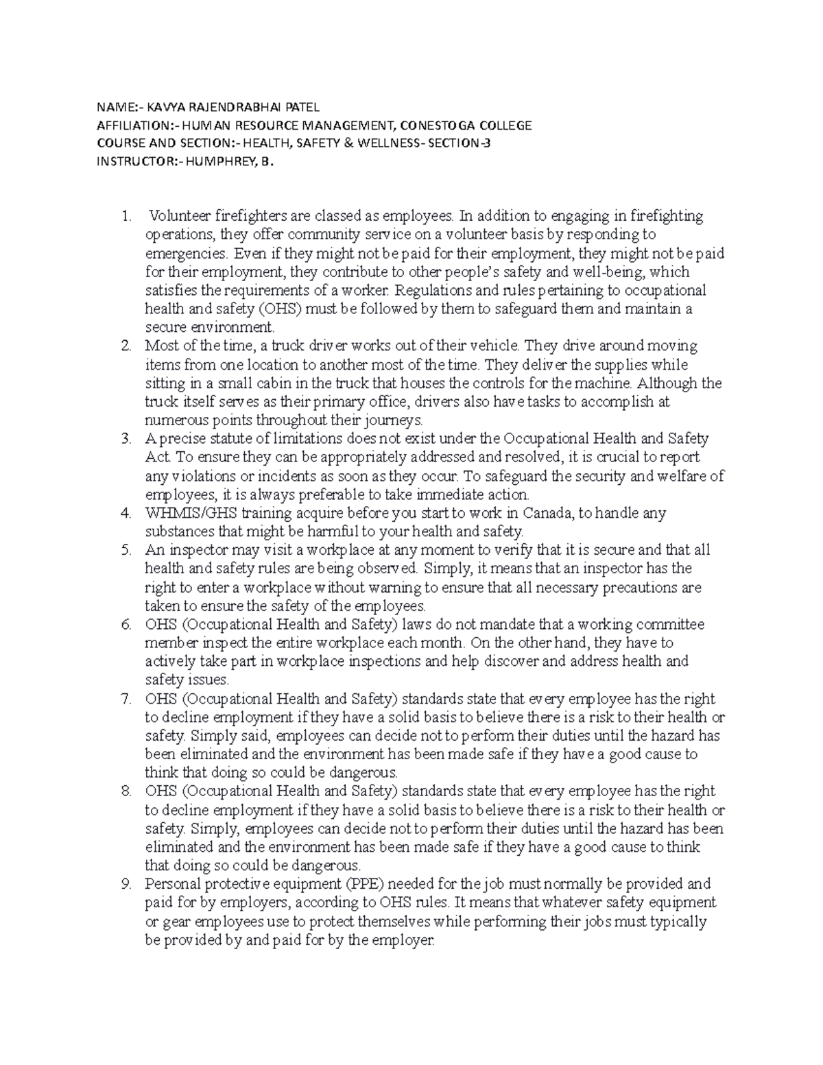 OHS Case Study 1 - NAME:- KAVYA RAJENDRABHAI PATEL AFFILIATION:- HUMAN RESOURCE MANAGEMENT ...