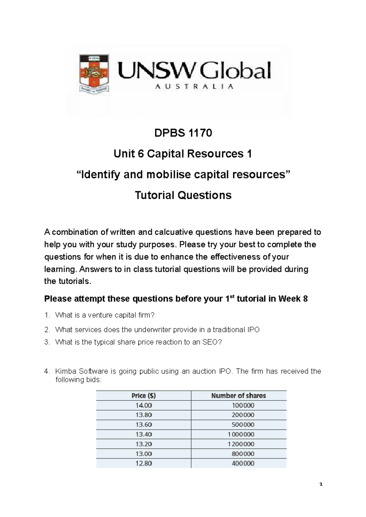 DPBS1170 Week 8 Tutorial questions - DPBS 1170 Unit 6 Capital Resources 1 “Identify and mobilise ...