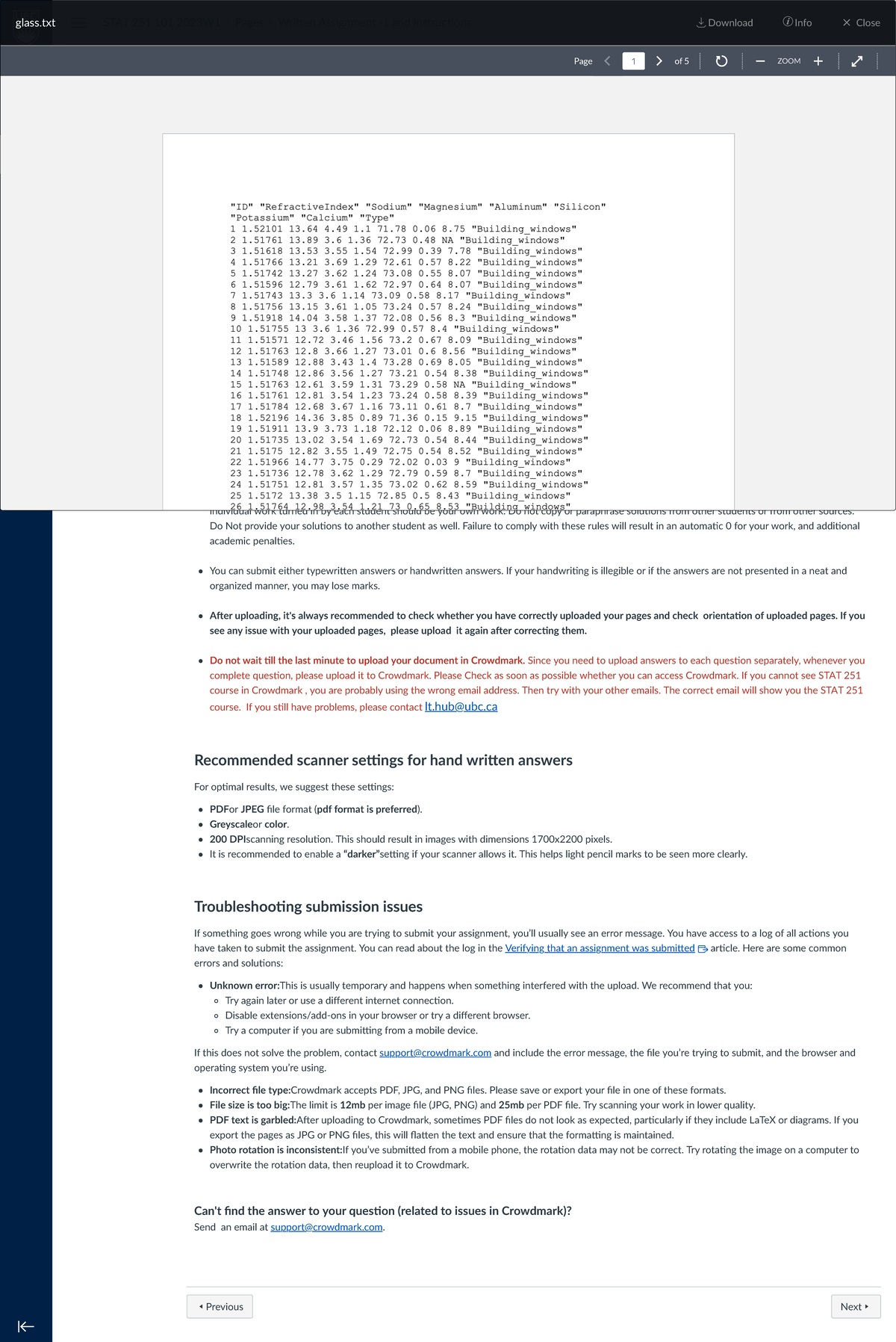 Written Assignment -1 and Instructions: STAT 251 101 2023W1 Elementary Statistics - STAT 251 101 ...
