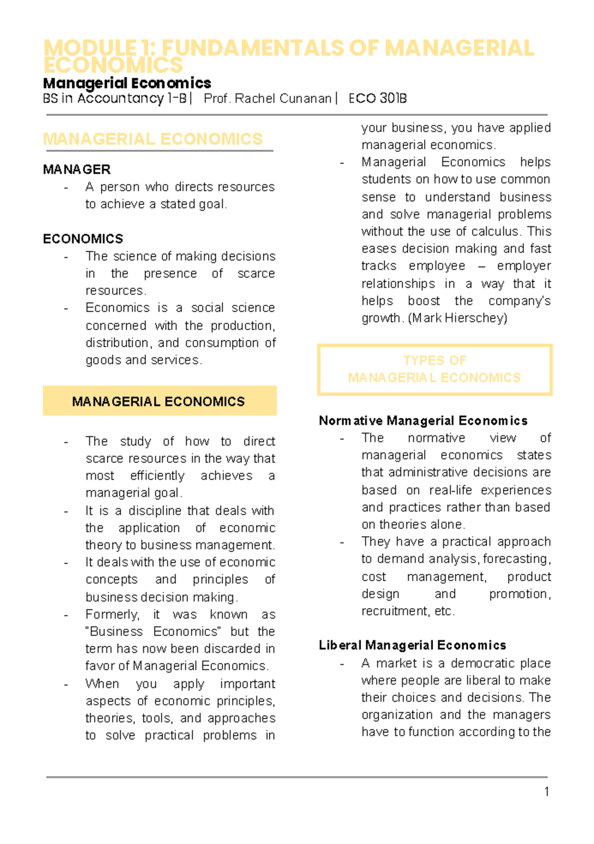 ECO 301B - M1 - help - ECONOMICS Managerial Economics BS in Accountancy ...