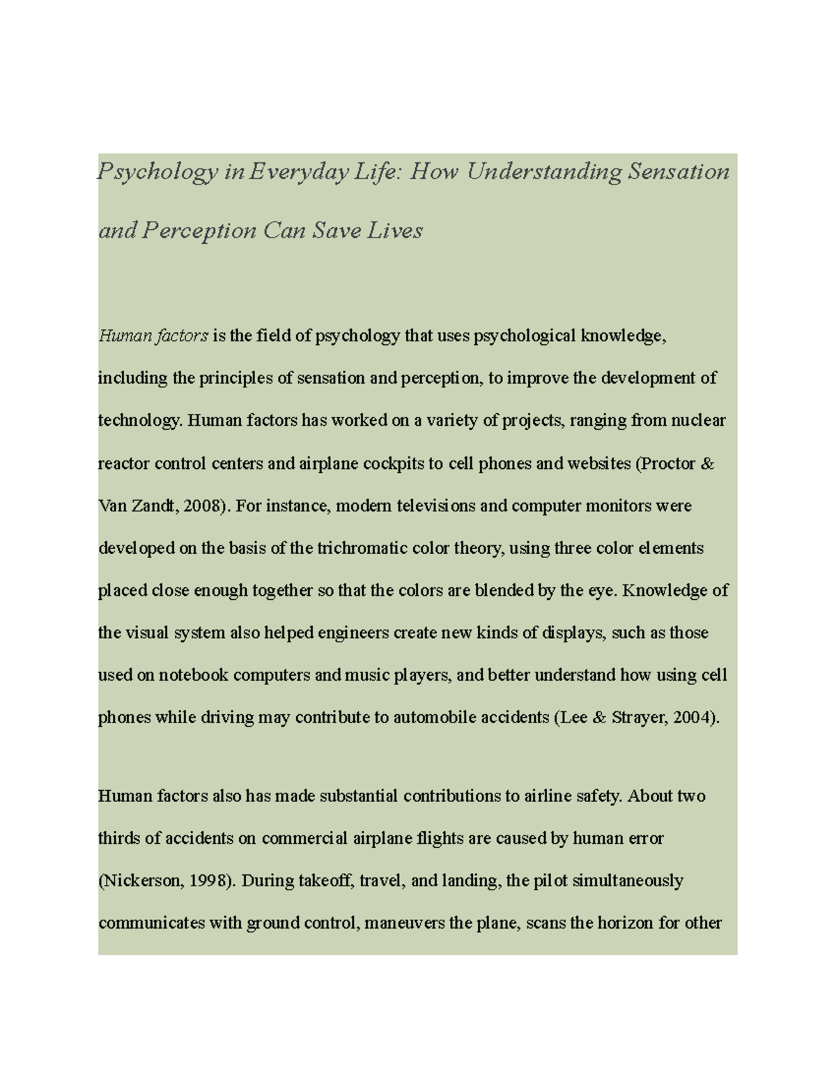 Psychology in Everyday Life How Understanding Sensation and Perception ...