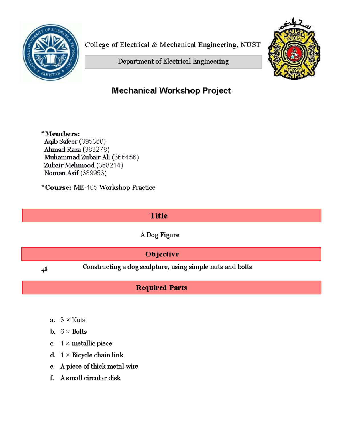 ME Workshop Project - file1 - College of Electrical & Mechanical ...