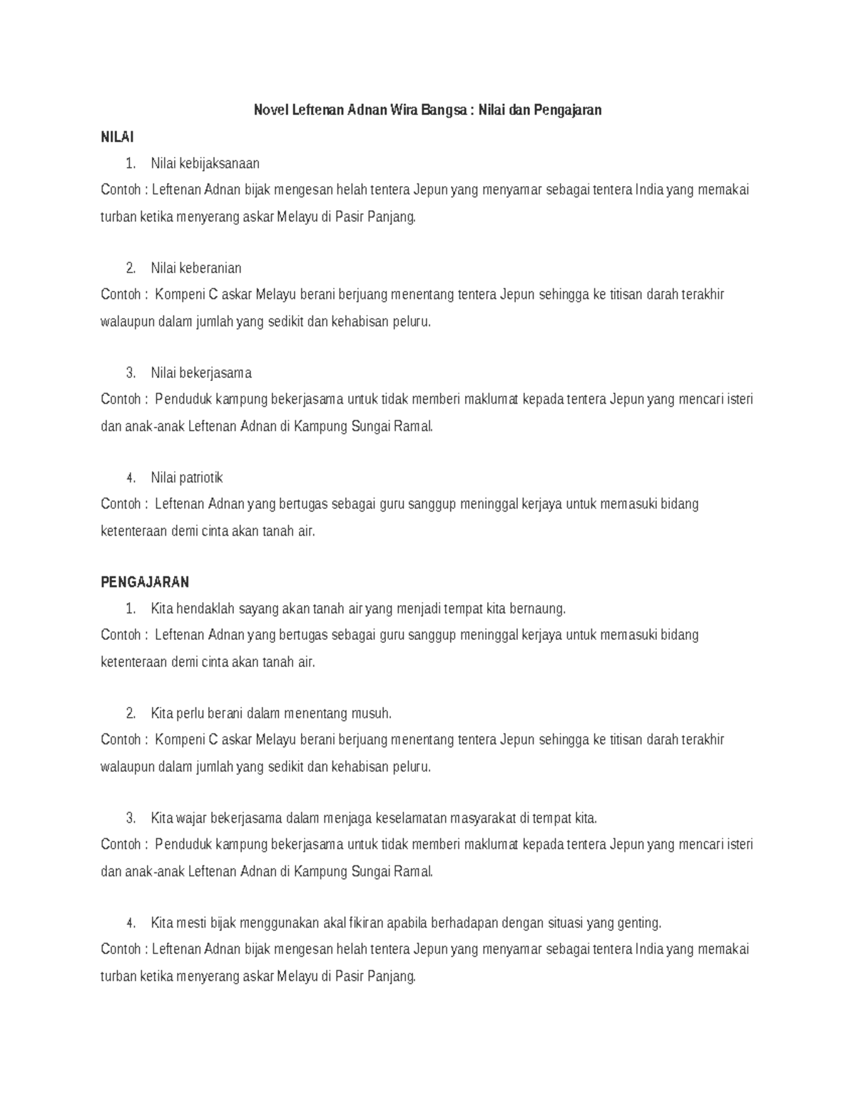 Nilai dan Pengajaran - none - Novel Leftenan Adnan Wira Bangsa : Nilai ...