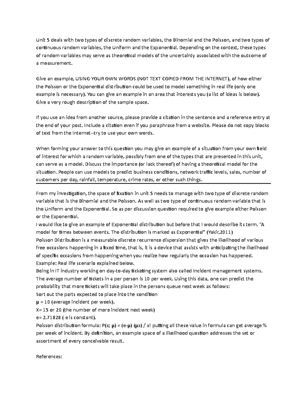 Discussion forum unit 5 - Unit 5 deals with two types of discrete ...