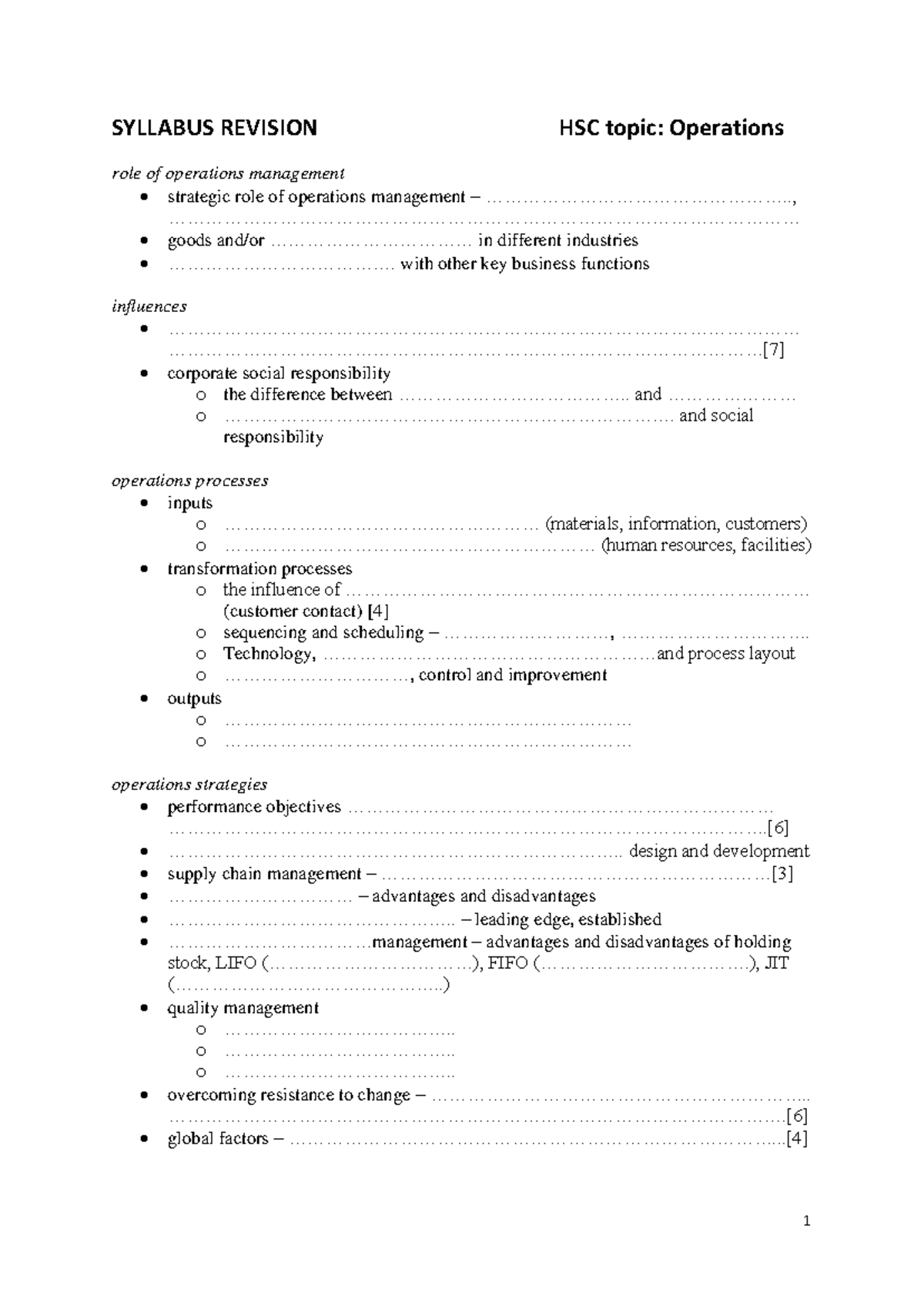 HSC Syllabus Revision - Operations - 1 SYLLABUS REVISION HSC topic ...