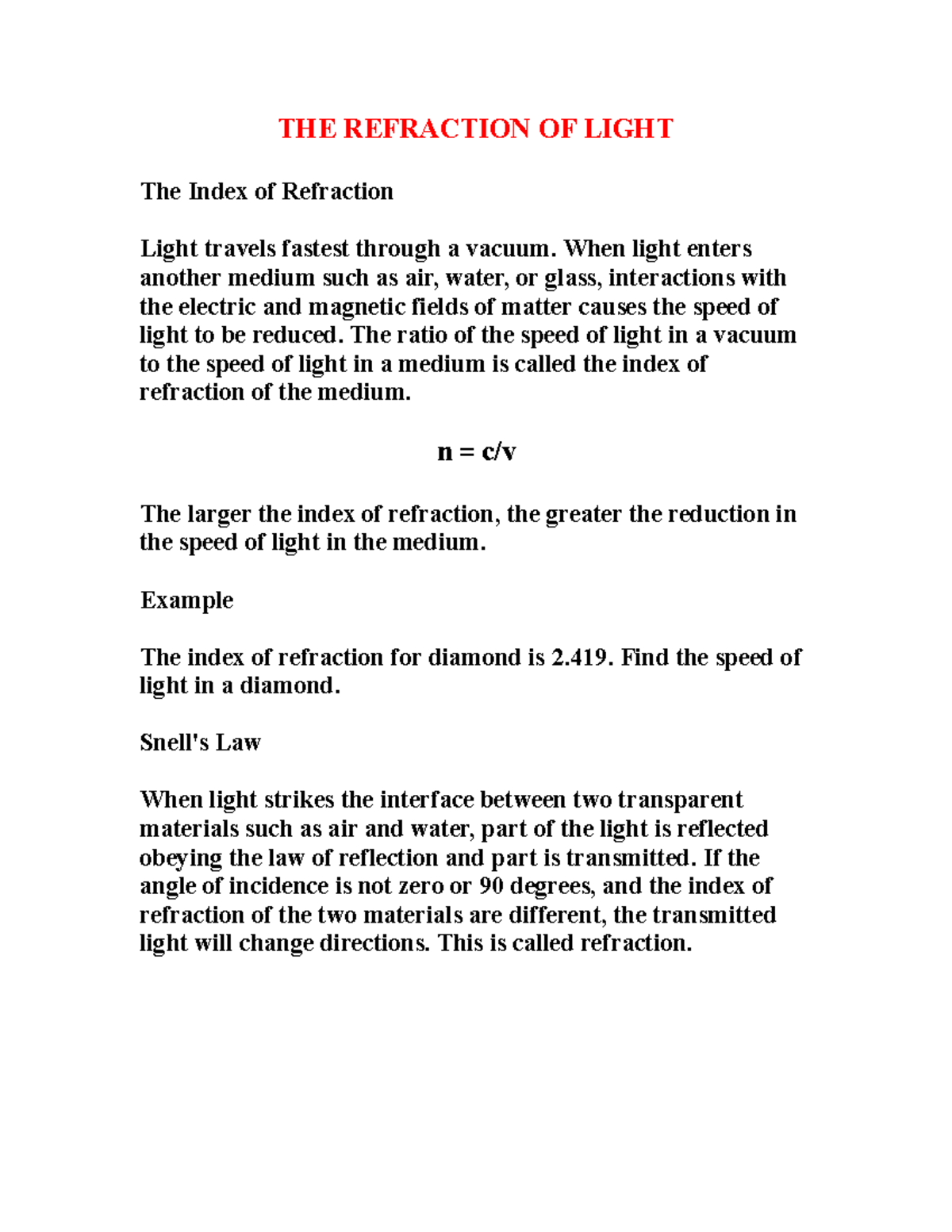 Ch26 The refraction of light - THE REFRACTION OF LIGHT The Index of ...