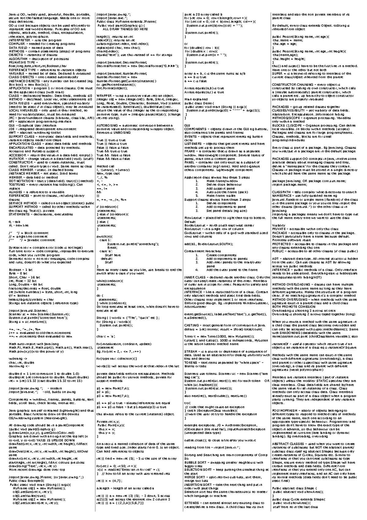 Cheat sheet for mid term - Java is OO, widely used, powerful, flexible ...