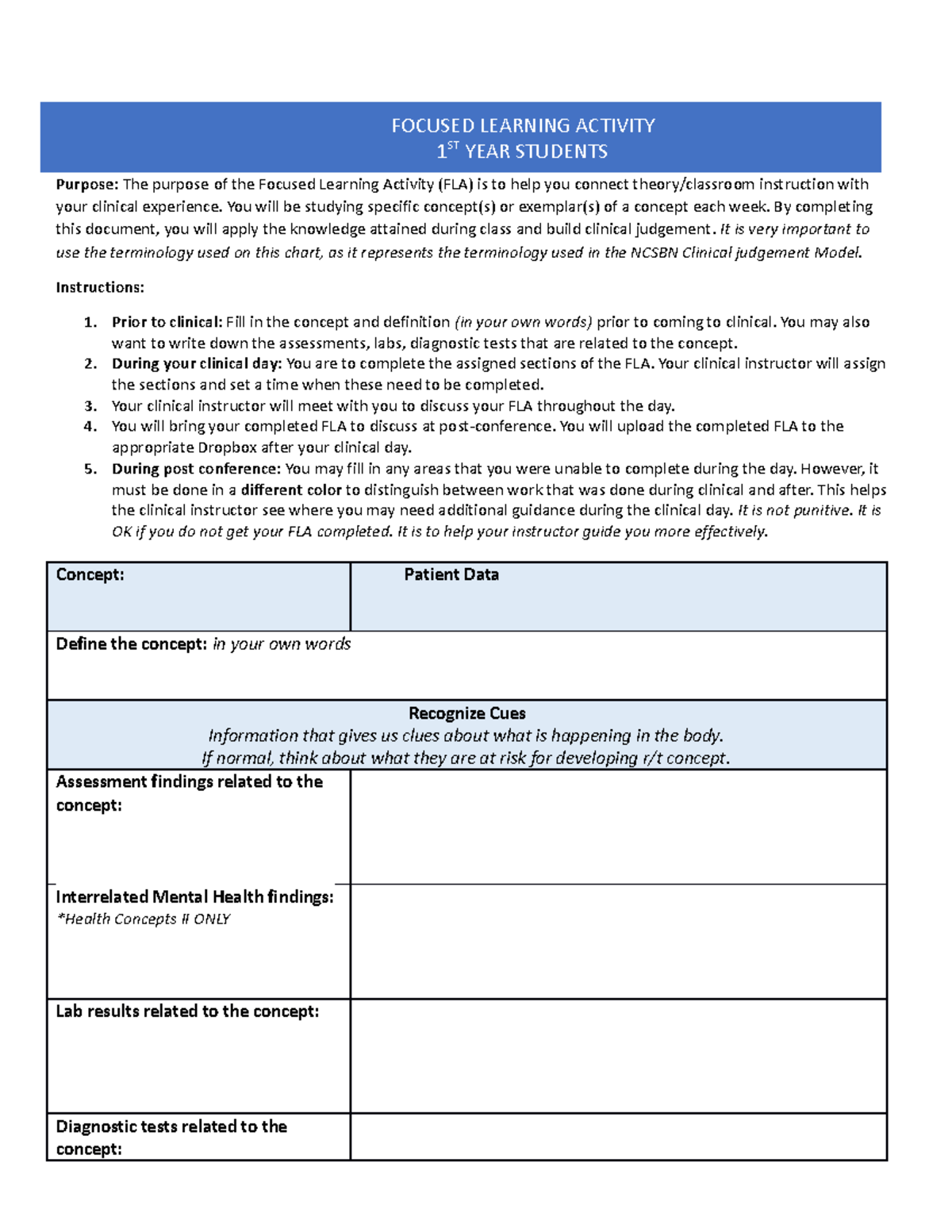 Focused Learning Activity 1st Year Student - Purpose: The purpose of ...