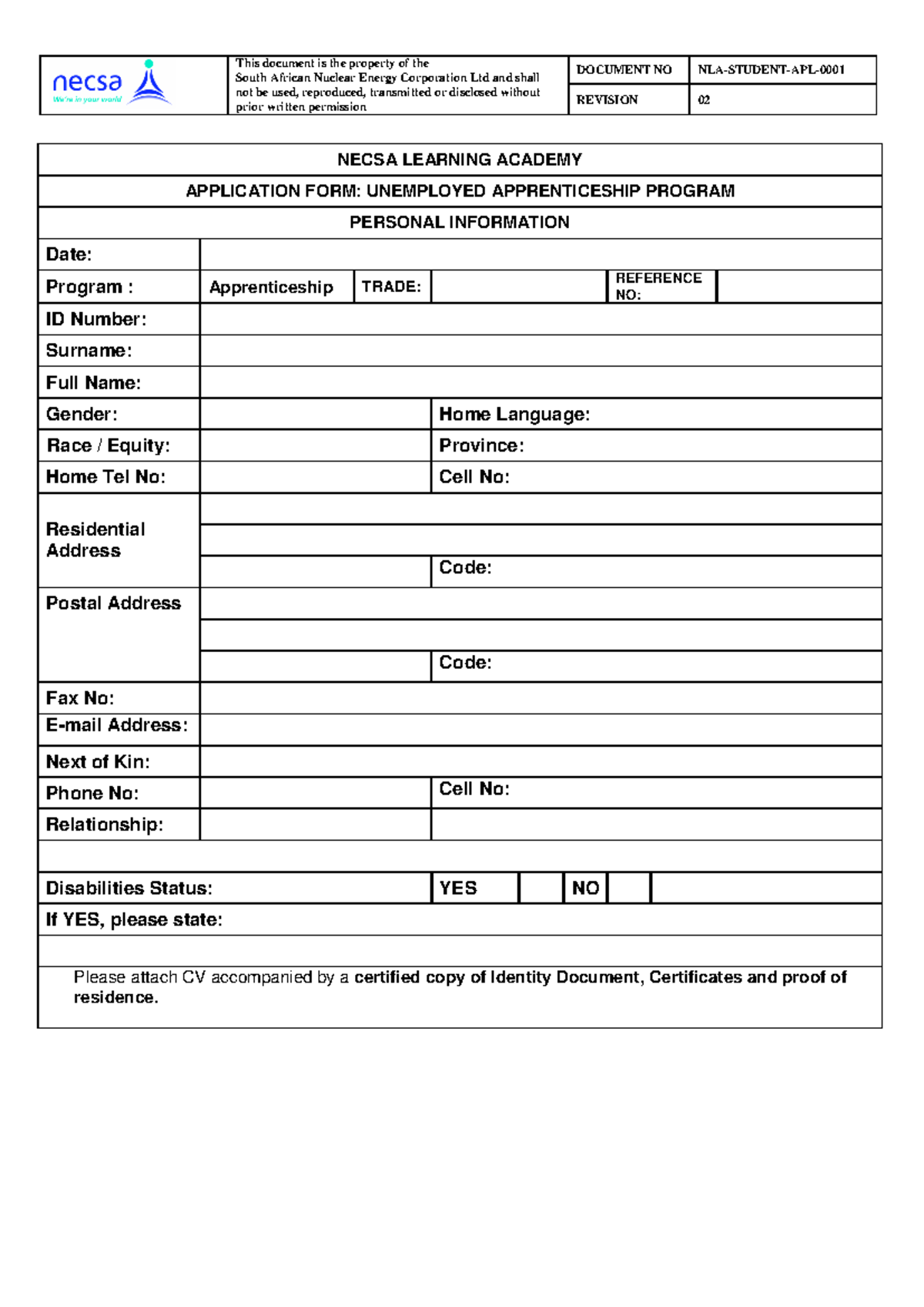 Nesca apprenticeship application form - This document is the property ...