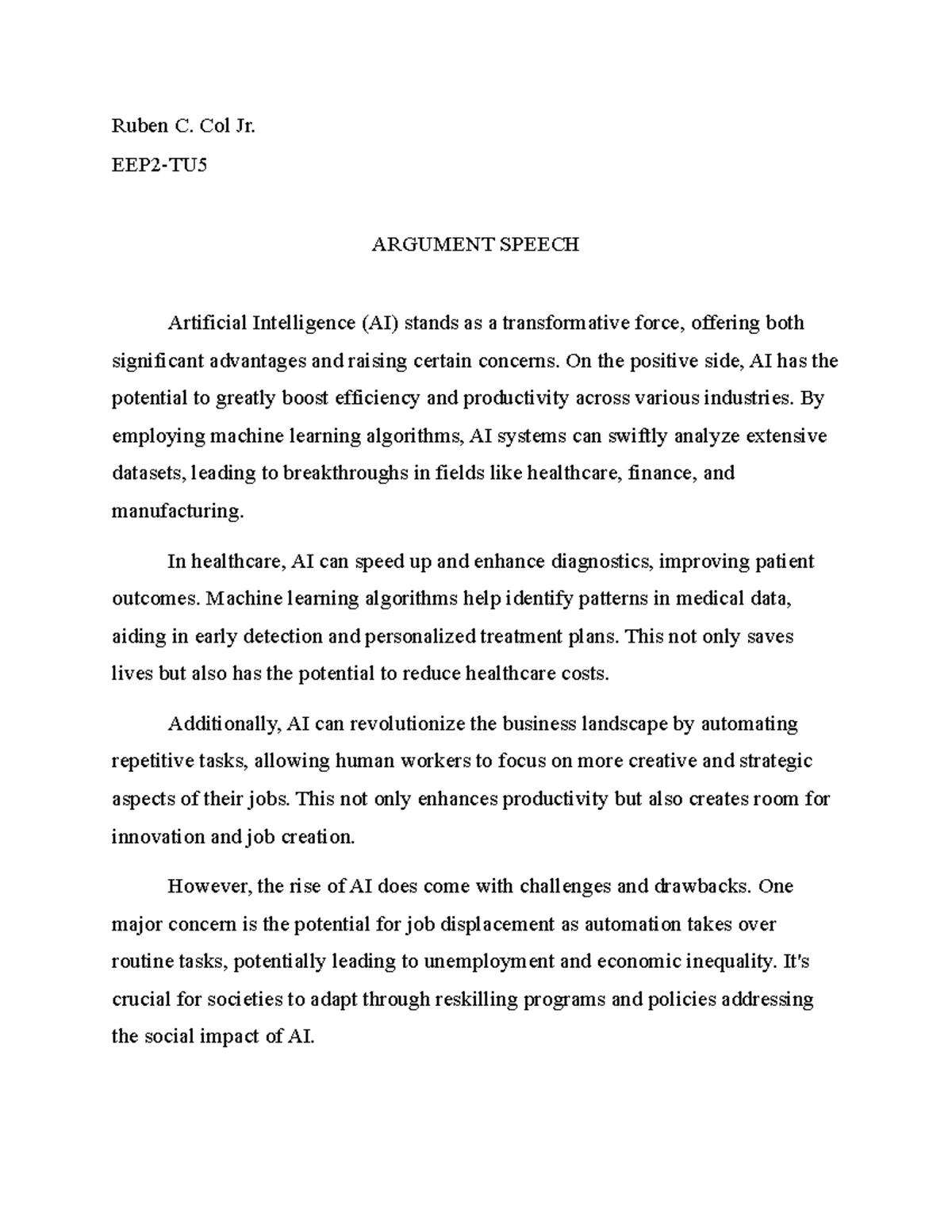COL Ruben Argument Speech - Ruben C. Col Jr. EEP2-TU ARGUMENT SPEECH ...