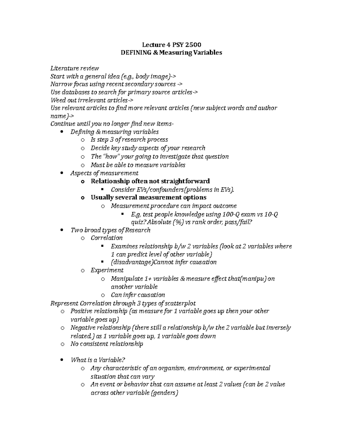 PSY 250 0 Lecture 4&5 - Lecture 4 PSY 2500 DEFINING & Measuring Variables Literature review ...