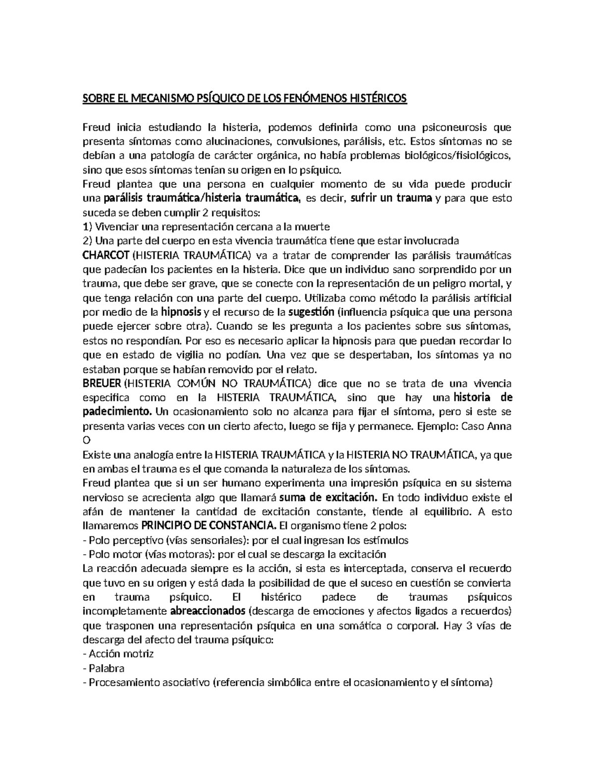 Resumen Psicoanálisis 1 - 1° Parcial - SOBRE EL MECANISMO PSÍQUICO DE ...