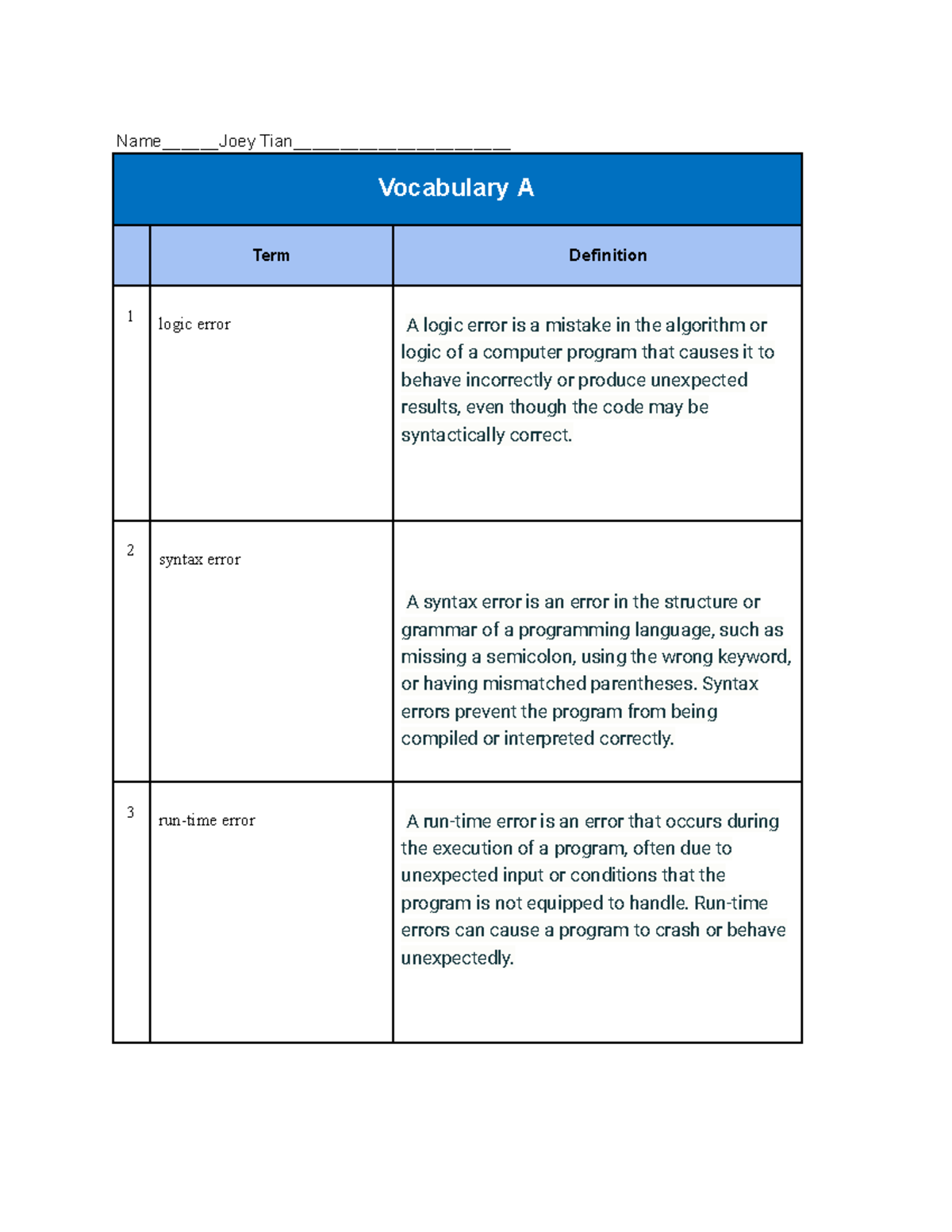 Vocabulary A - Vocab - Name______Joey Tian ...