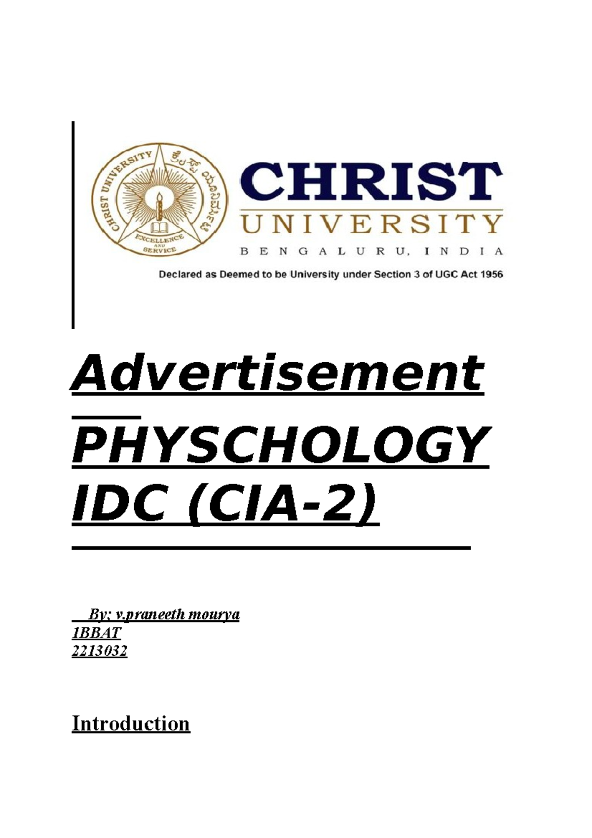 Advetisement IDC CIA-2 - Advertisement PHYSCHOLOGY IDC (CIA-2) By; v ...