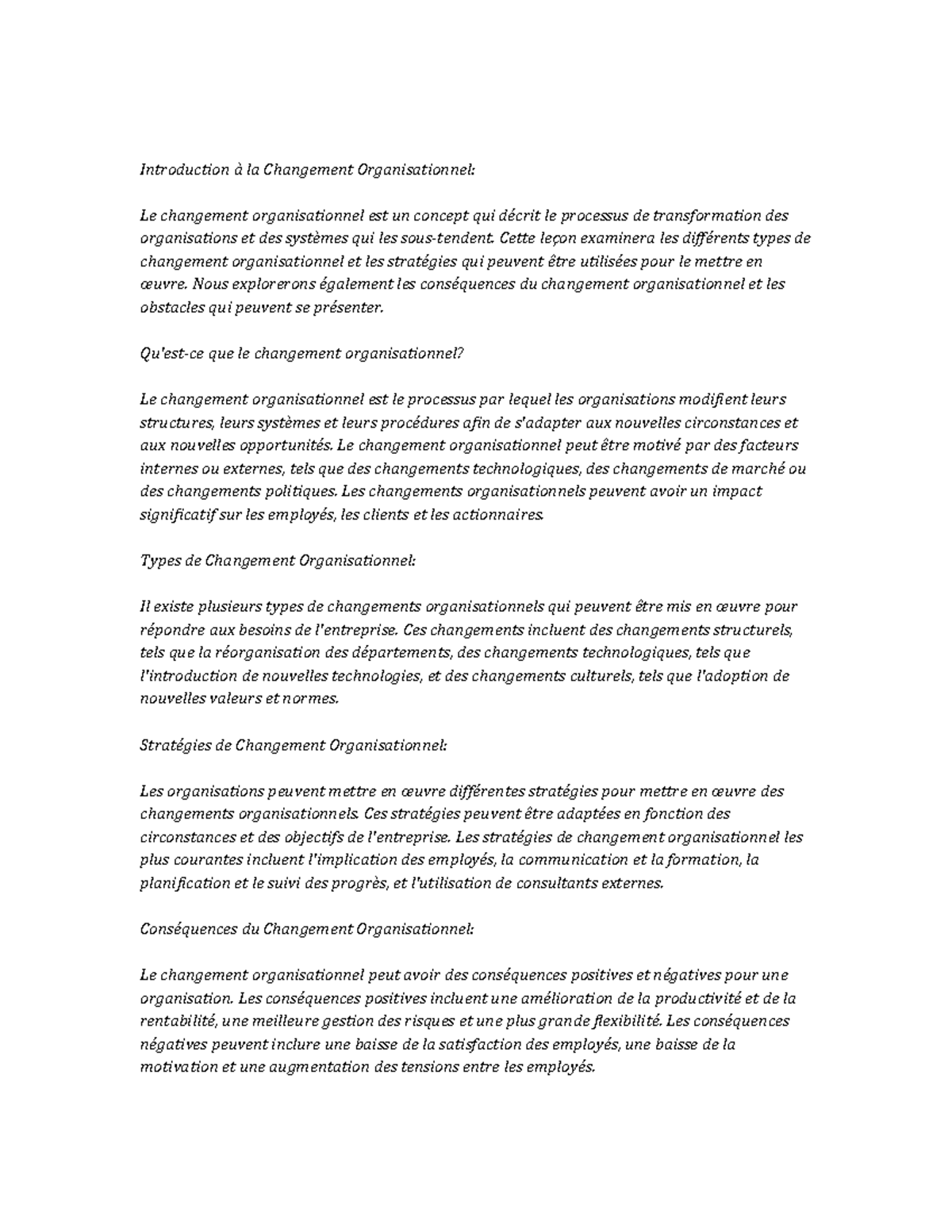 Organizational Change note study - Introduction à la Changement ...