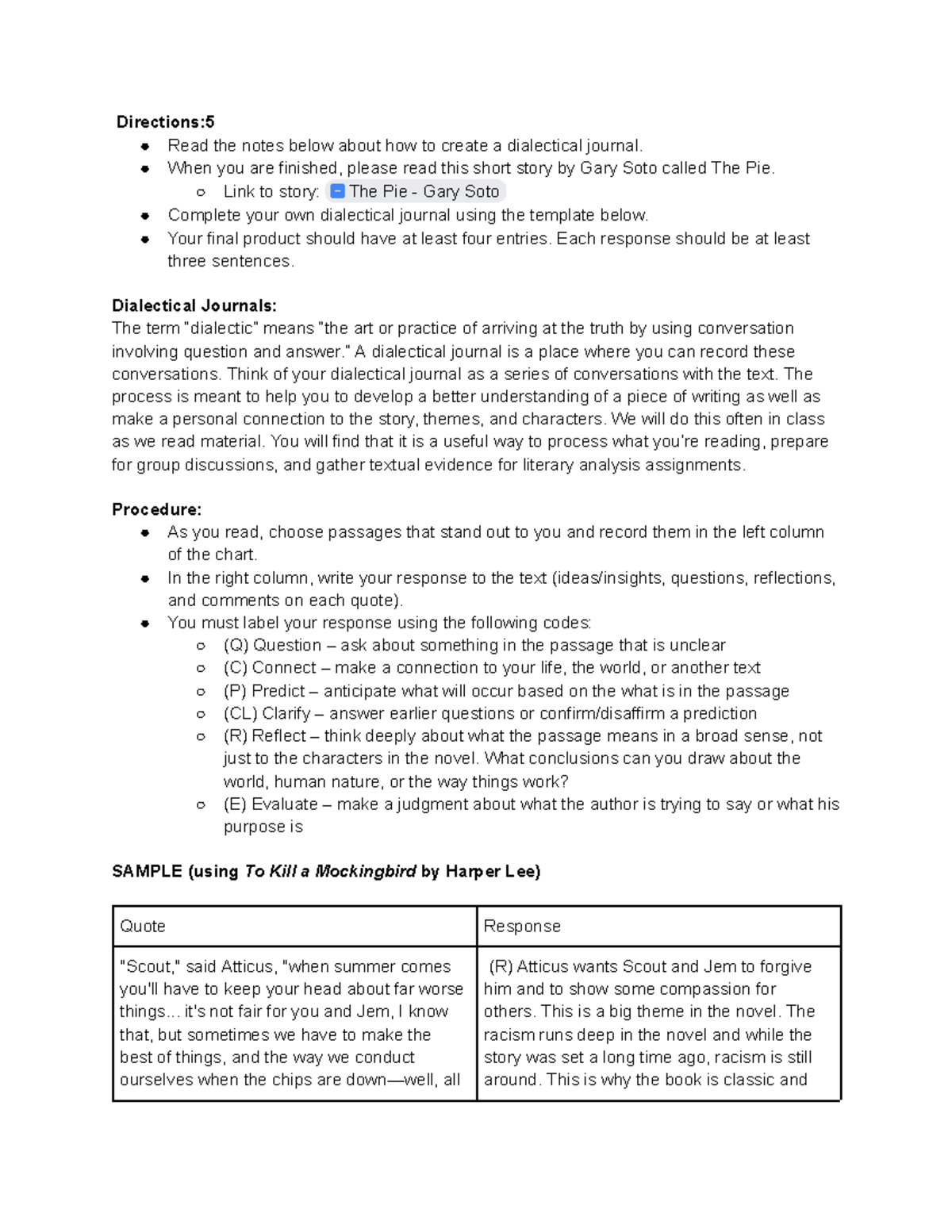 Copy of Dialectical Journal Assignment - Directions: Read the notes ...