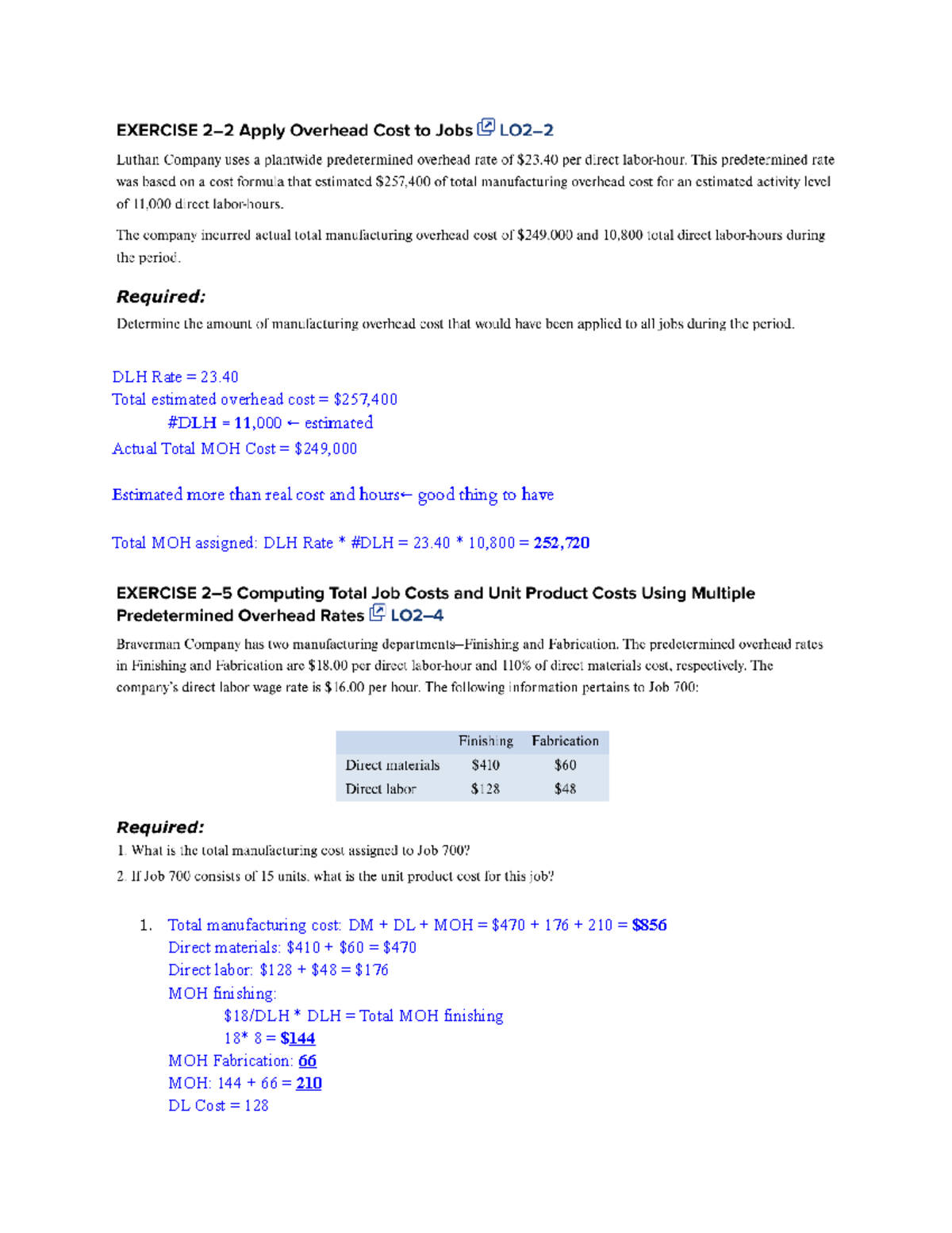 Chapter 2 Practice - DLH Rate = 23. Total estimated overhead cost ...
